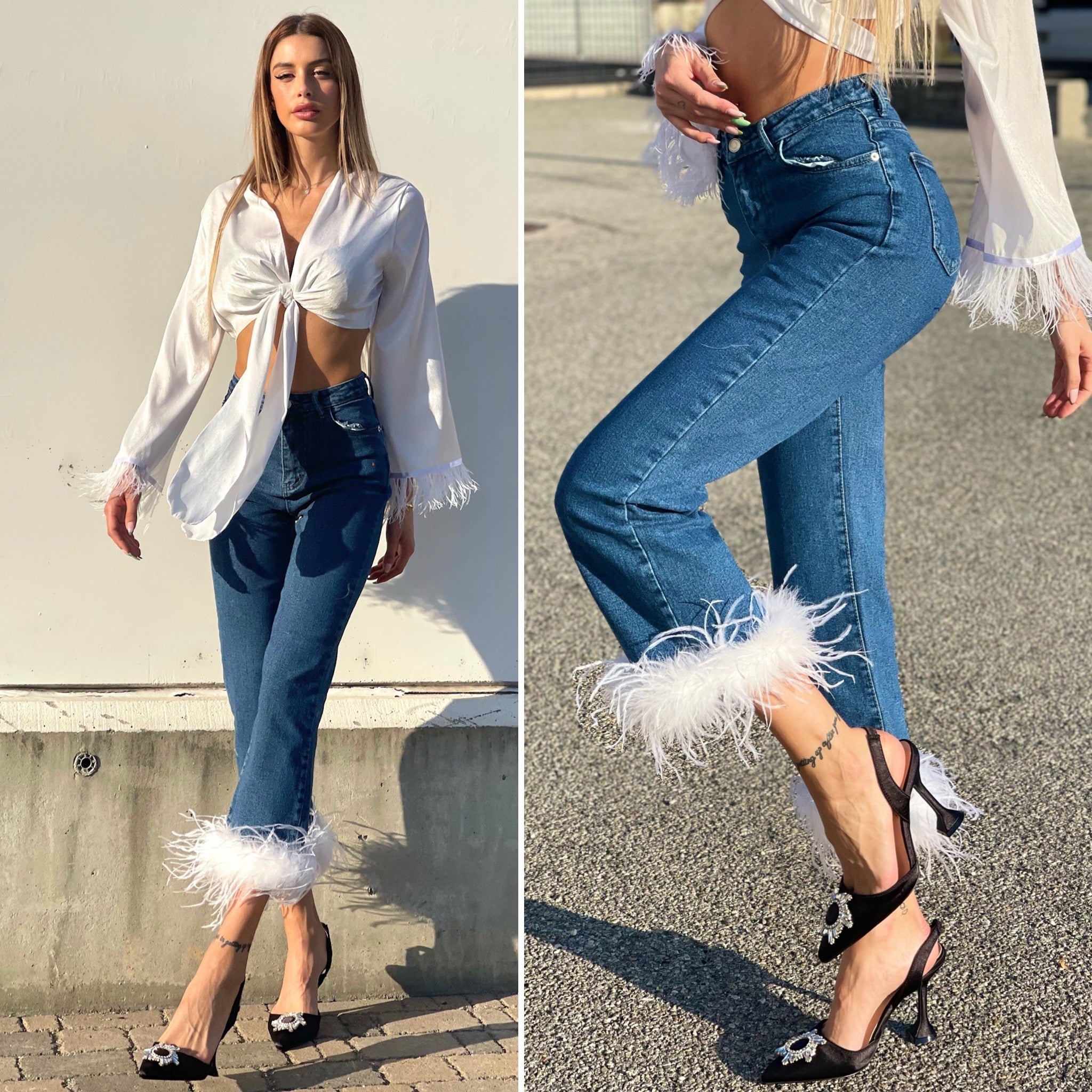 Jeans with white feathers